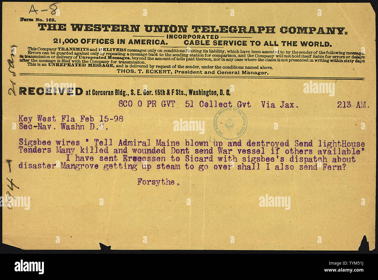 Telegram from James A. Forsythe to Secretary of the Navy; Scope and ...