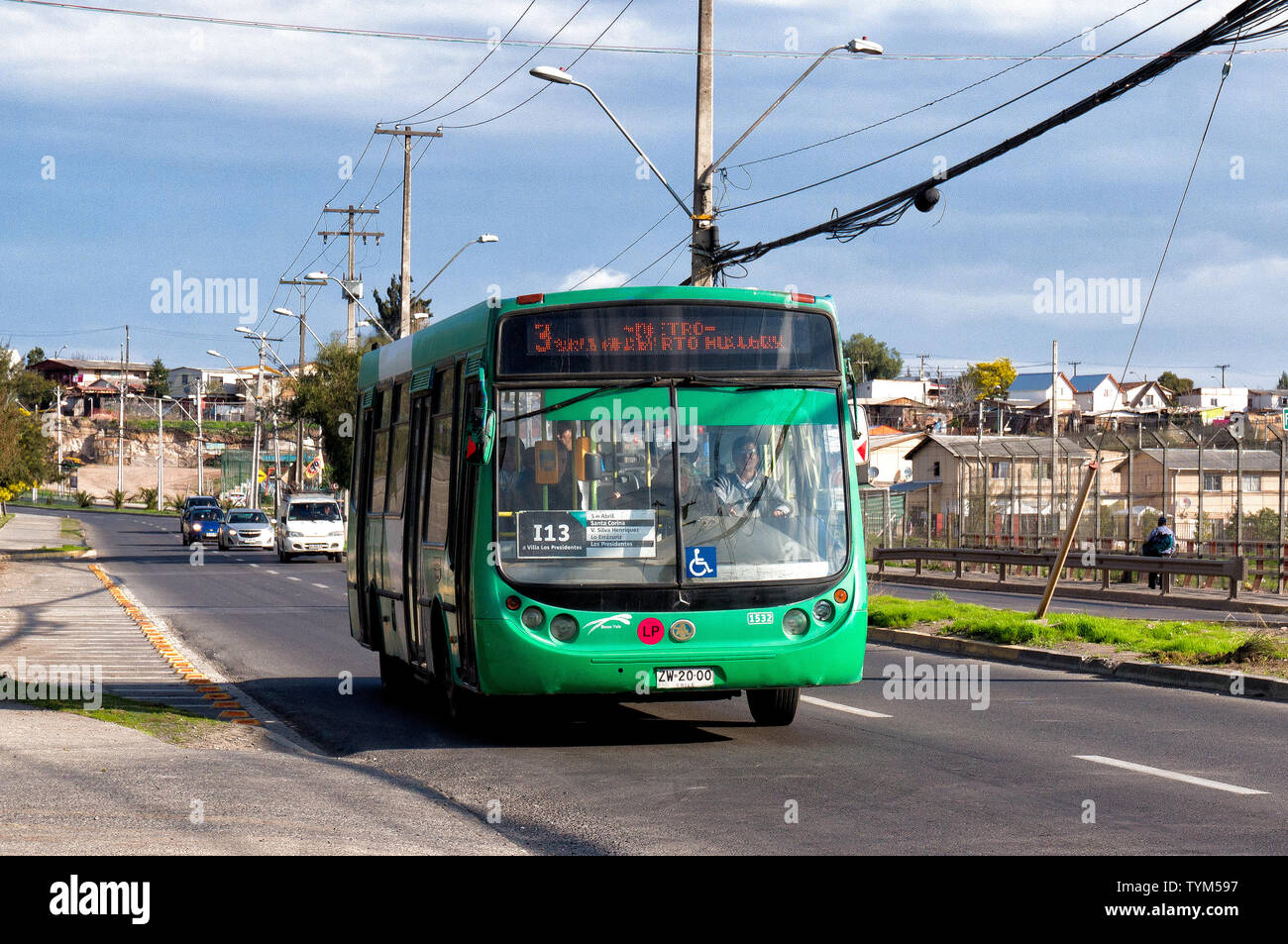 SANTIAGO, CHILE - AUGUST 2015: A public transport bus in the suburbs of ...