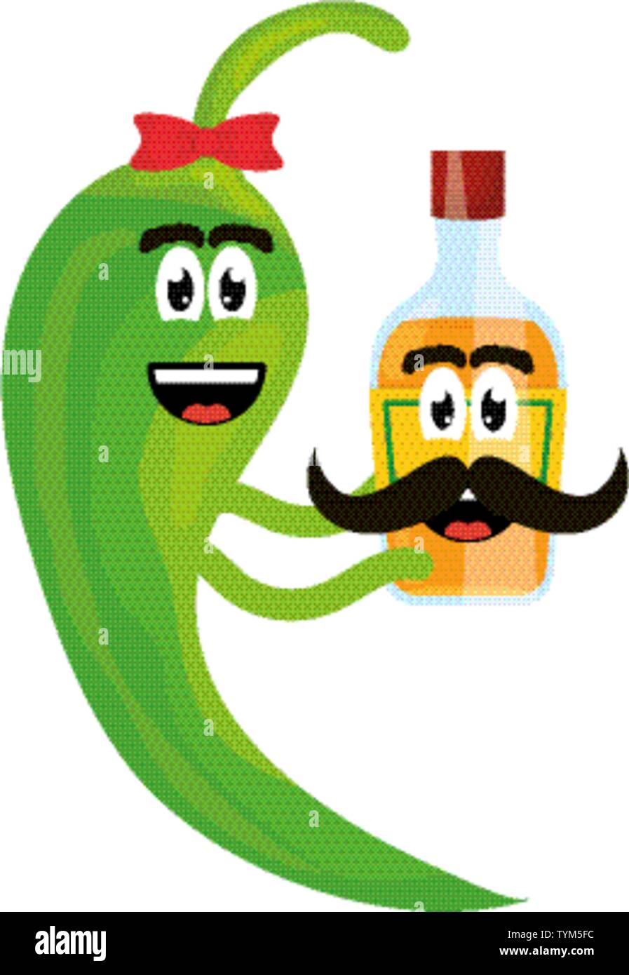 chilli pepper with tequila bottle comic character vector illustration ...