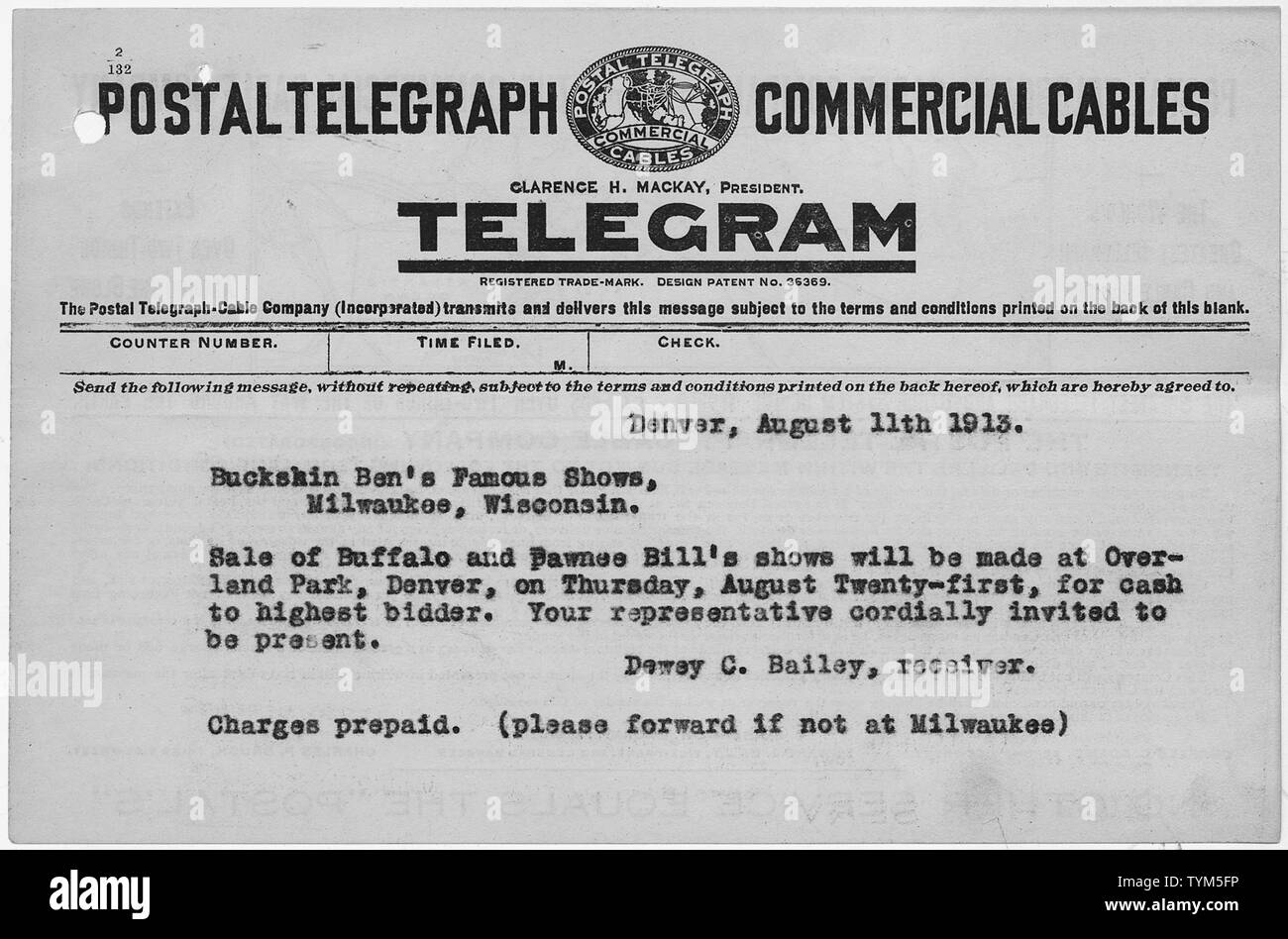 Telegram to Buckskin Ben's Famous Shows announcing sale of property ...