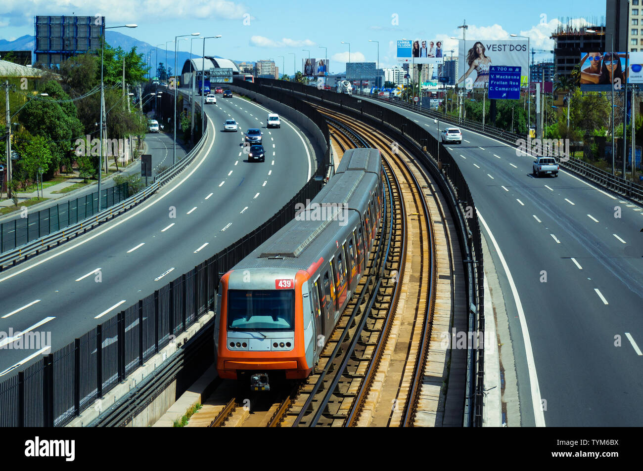 SANTIAGO, CHILE - OCTOBER 2015: Santiago Metro AS02 train exiting Macul ...