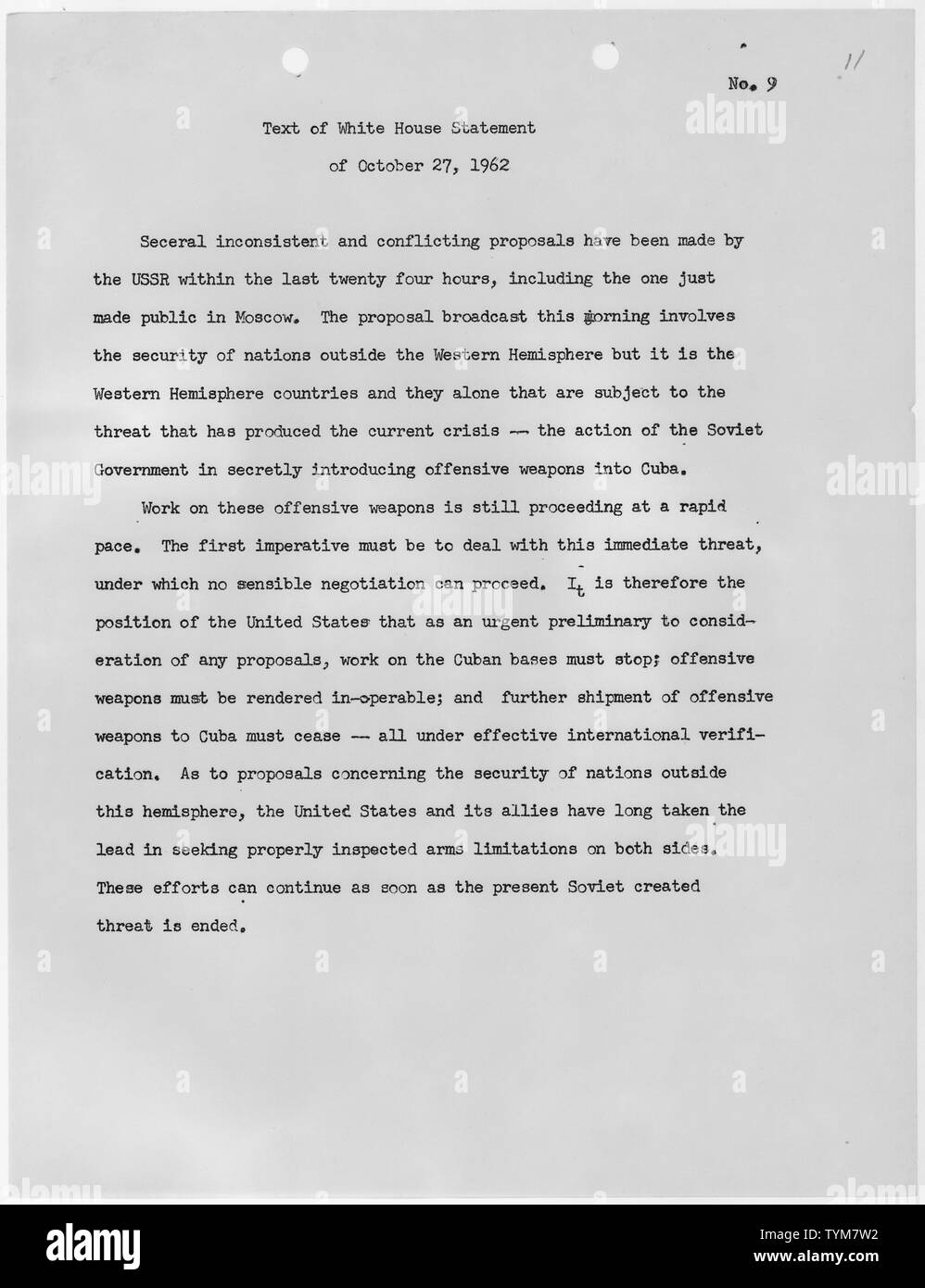 Text of White House Statement of October 27, 1962 Stock Photo - Alamy