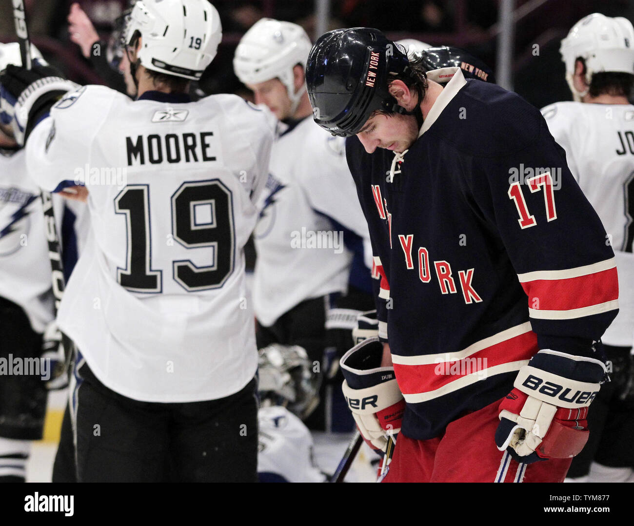 New York Rangers Brandon Dubinsky skates with his head down in the ...