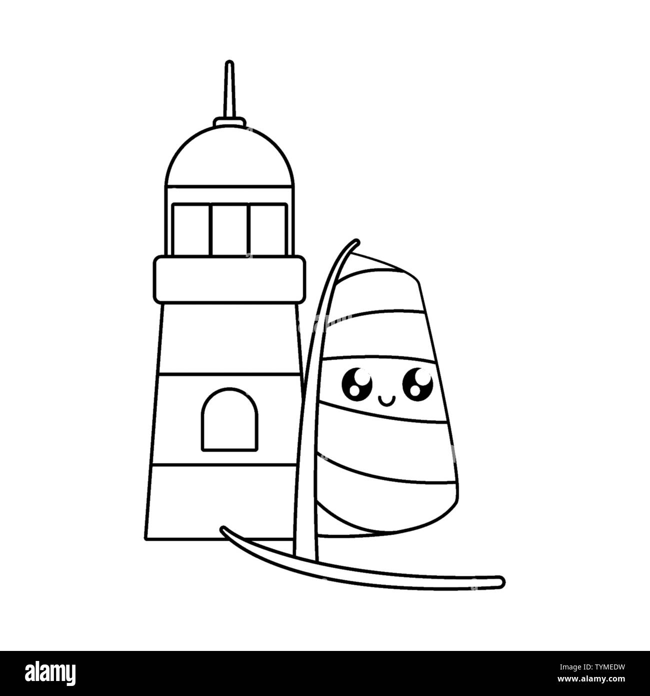 lighthouse sea with sailboat kawaii vector illustration design Stock ...