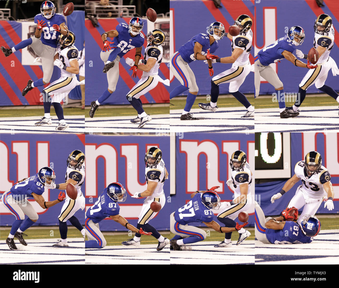 Photo sequence of St. Louis Rams Craig Dahl defending New York Giants ...