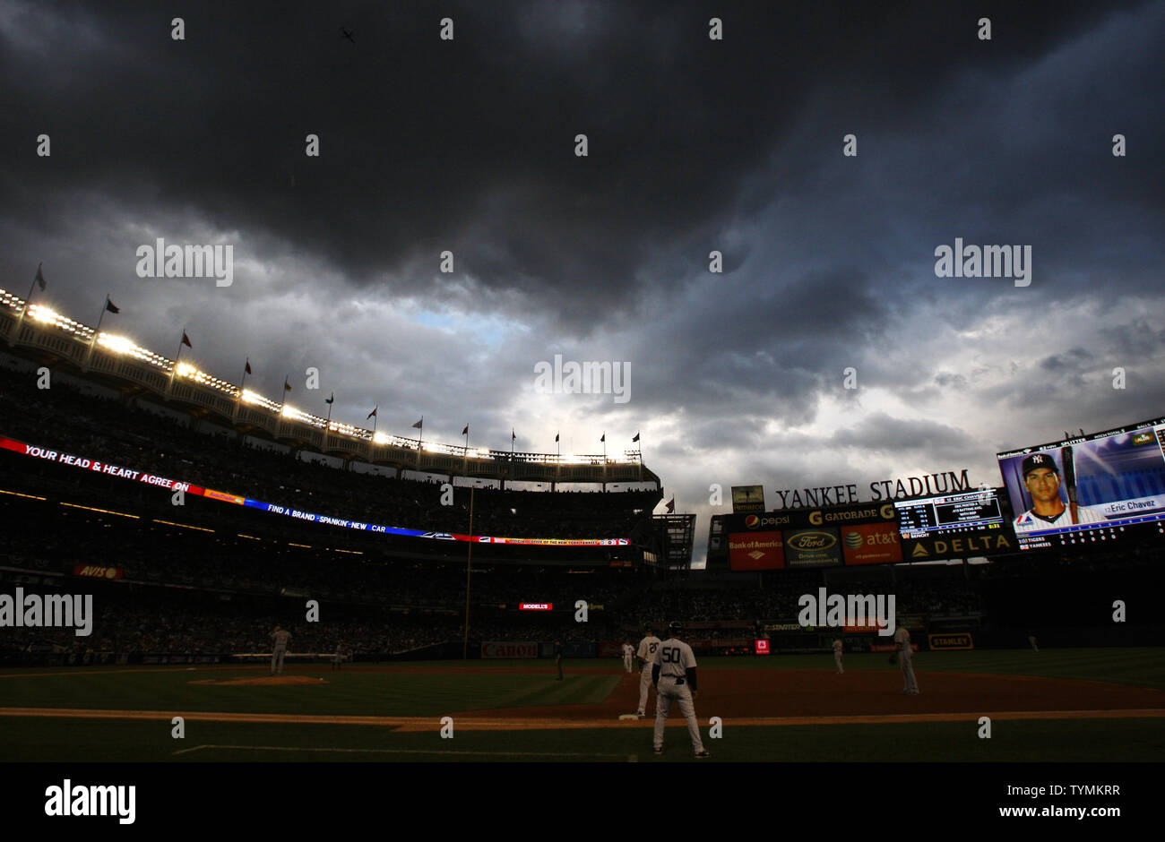 Rain clouds hang over Yankee Stadium in the seventh inning as the New ...