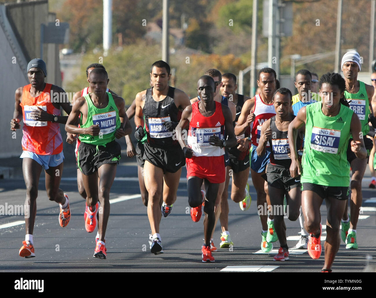 The men's elite runners cross the Verrazano Narrows Bridge at the start ...
