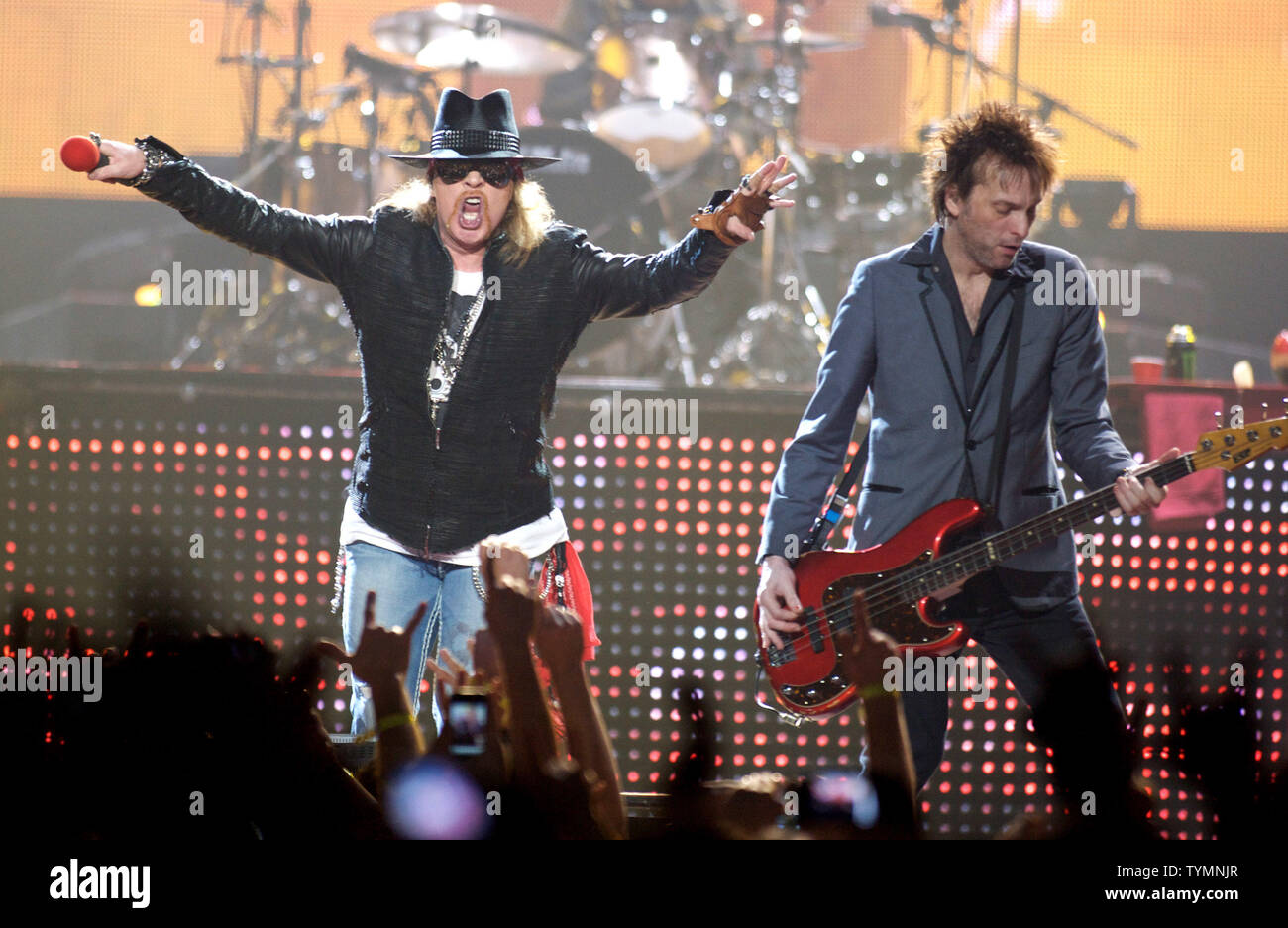 Axl Rose (L) and Tommy Stinson of the hard rock band Guns N' Roses ...