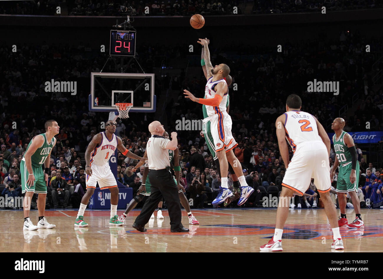 The New York Knicks and Boston Celtics tip off to start the game and ...