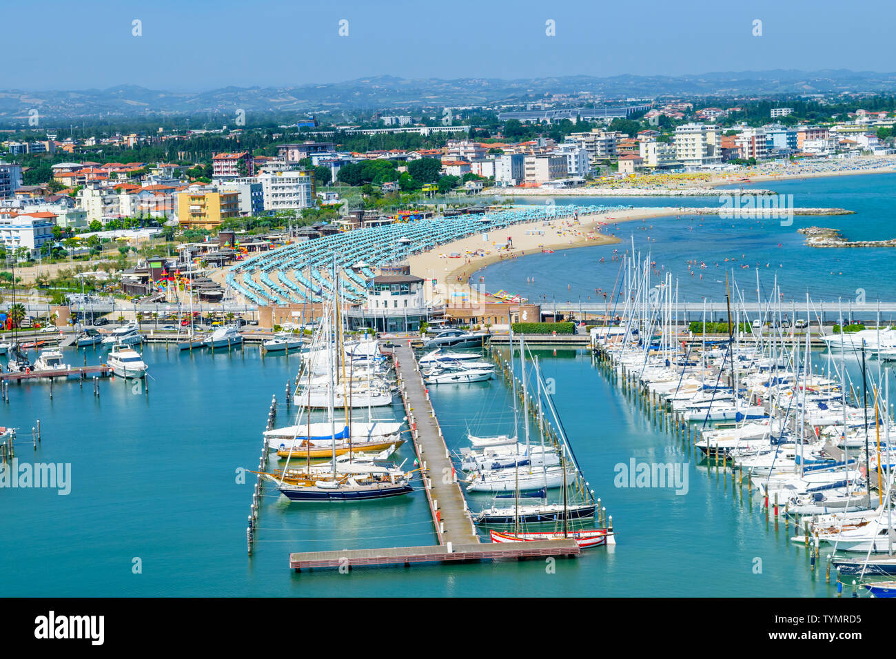 Aerial view of Rimini beach, city, landscape and docks with a lot of ...