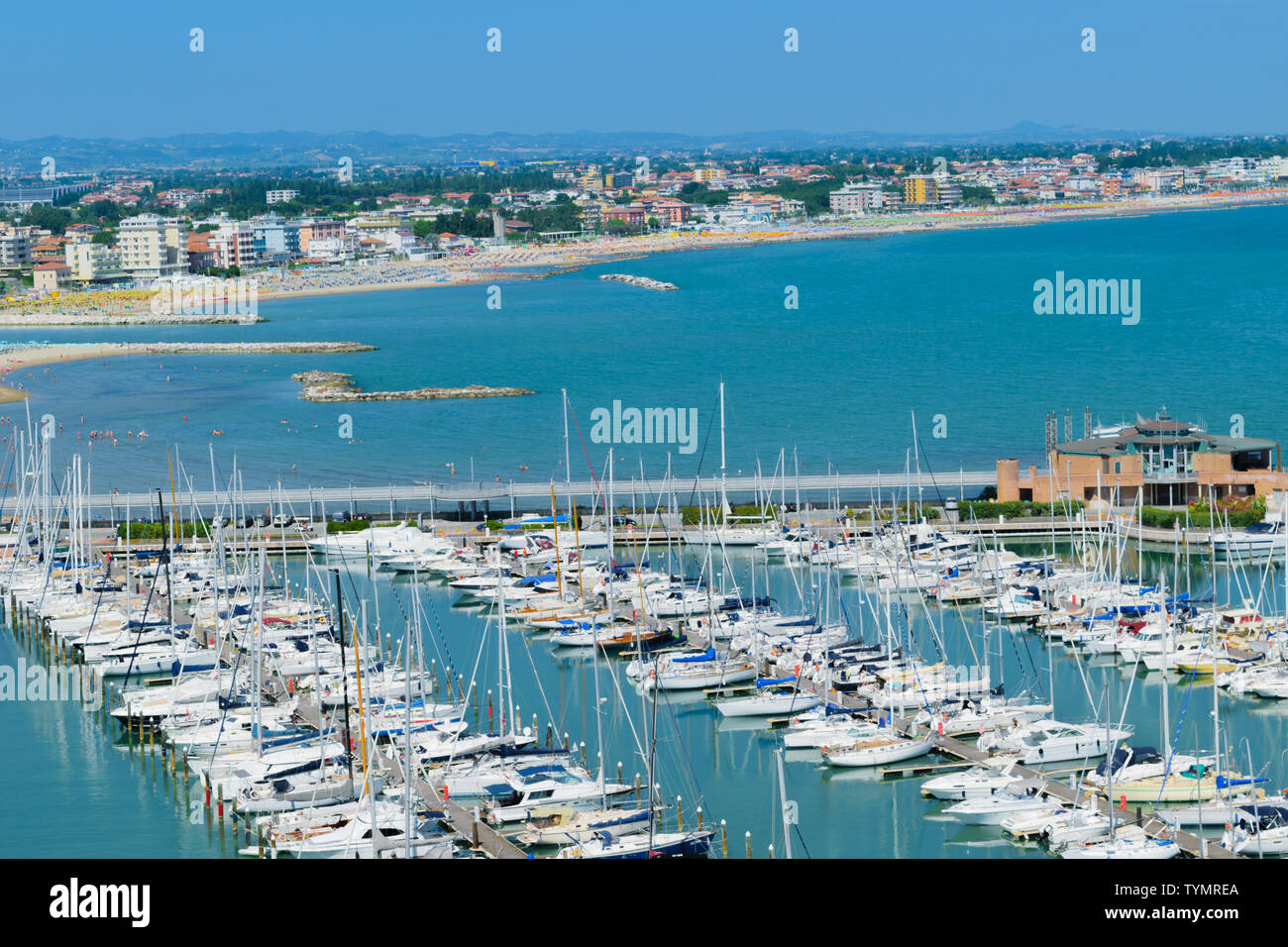 Aerial view of Rimini beach, city, landscape and docks with a lot of ...