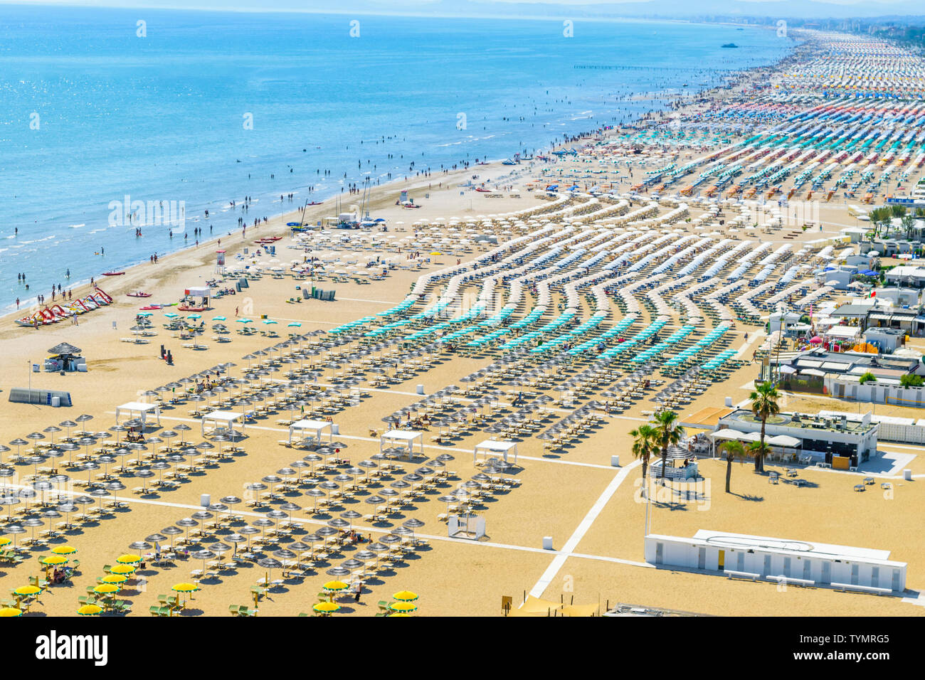 Aerial view of Rimini resort beach in Italy with a lot of parasols and ...