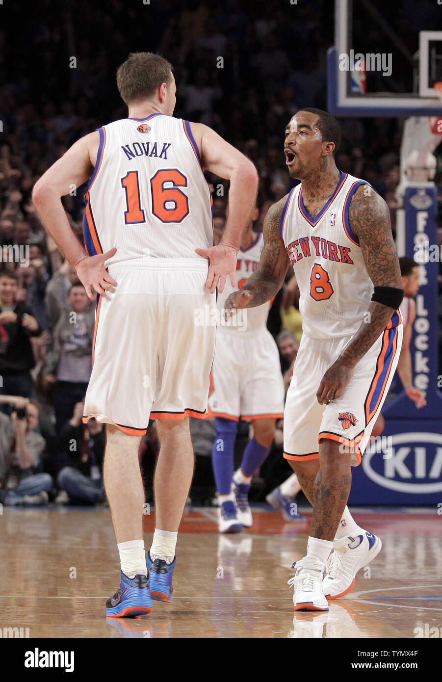 New York Knicks Steve Novak and J.R. Smith react after Novak hits a 3 ...