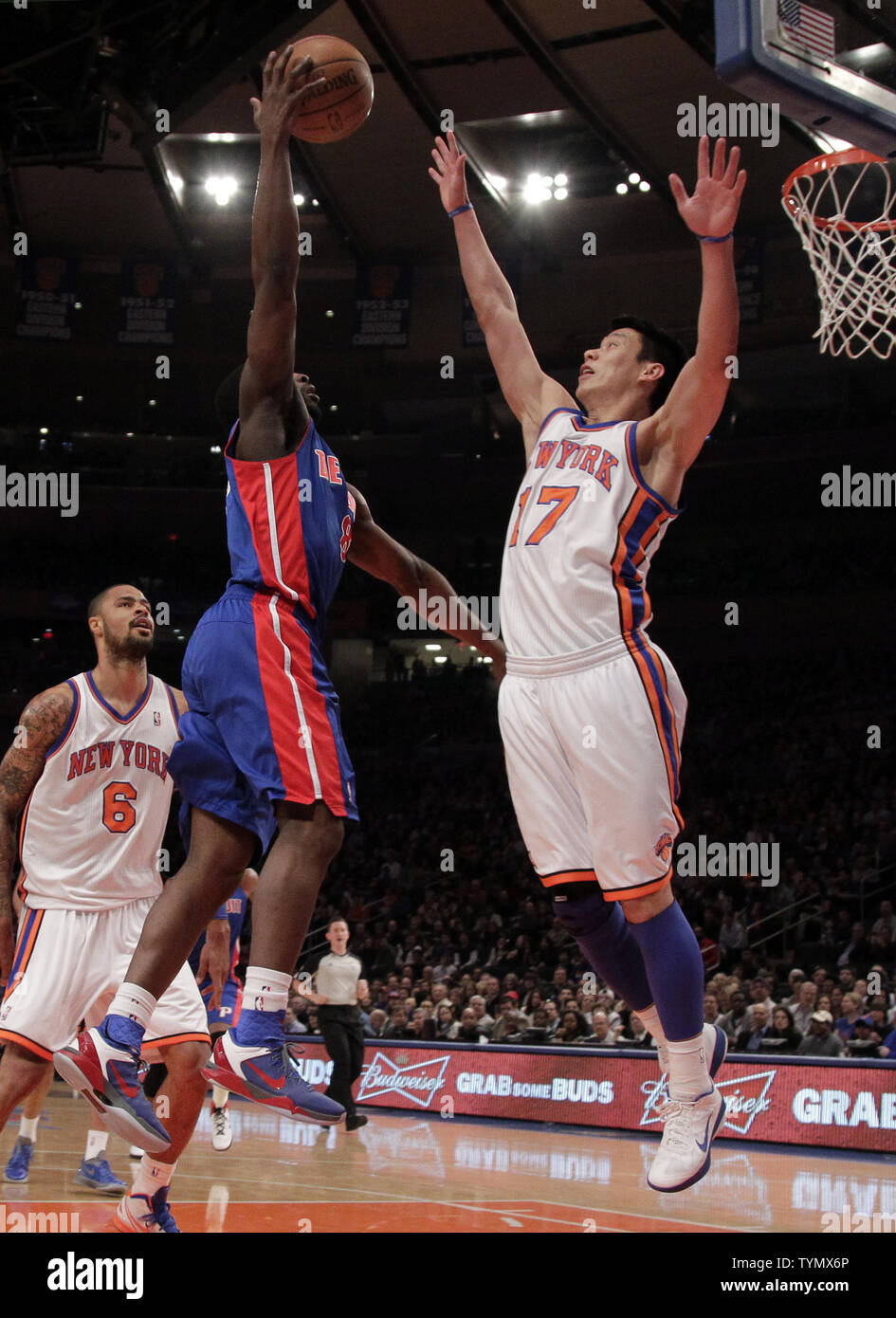 New York Knicks Jeremy Lin tries to block a shot from Detroit Pistons ...
