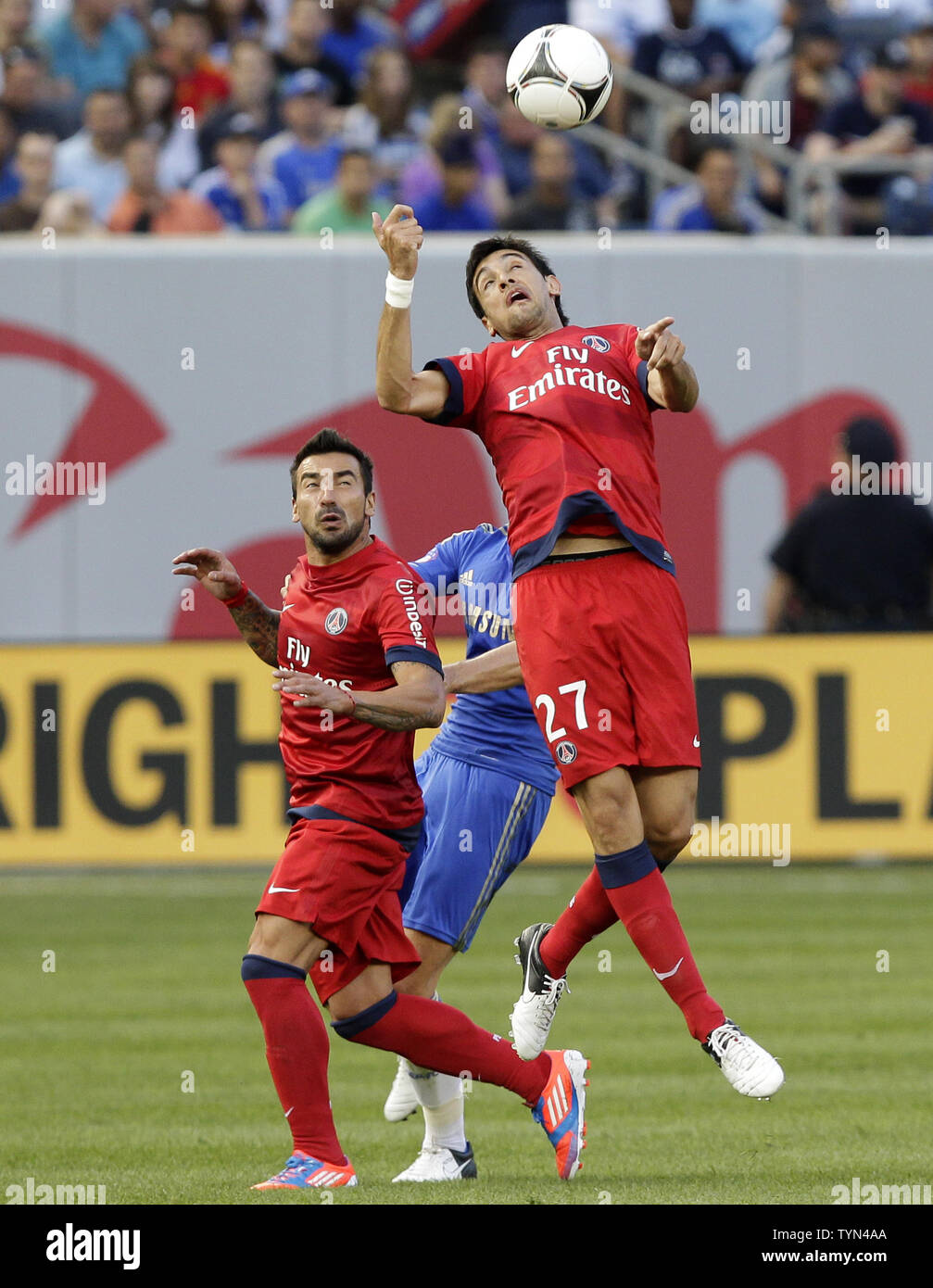 Paris Saint-Germain Javier Pastore leaps for a header in the first half ...