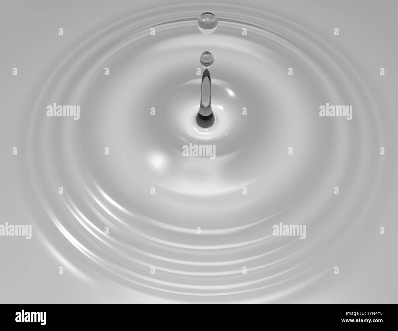 3d rendering of a water fluid drop falling creating a ripples on the ...