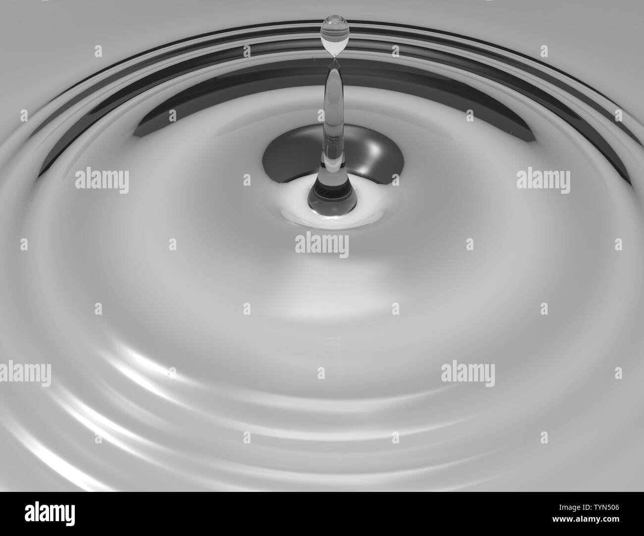 3d rendering of a water fluid drop falling creating a ripples on the ...