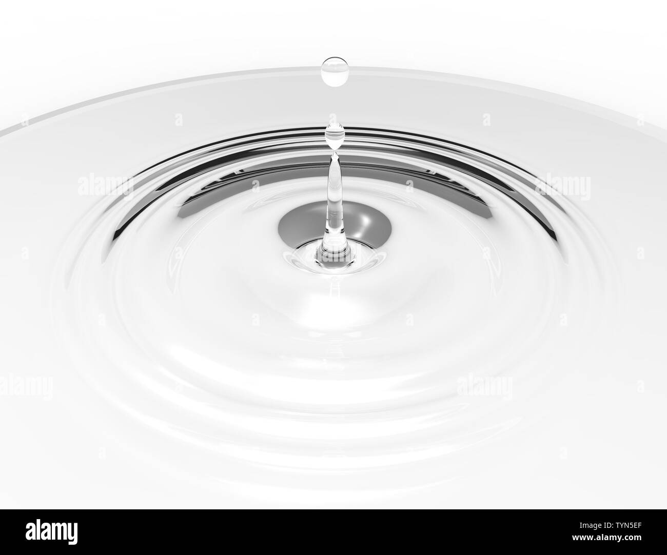 3d rendering of a water fluid drop falling creating a ripples on the ...