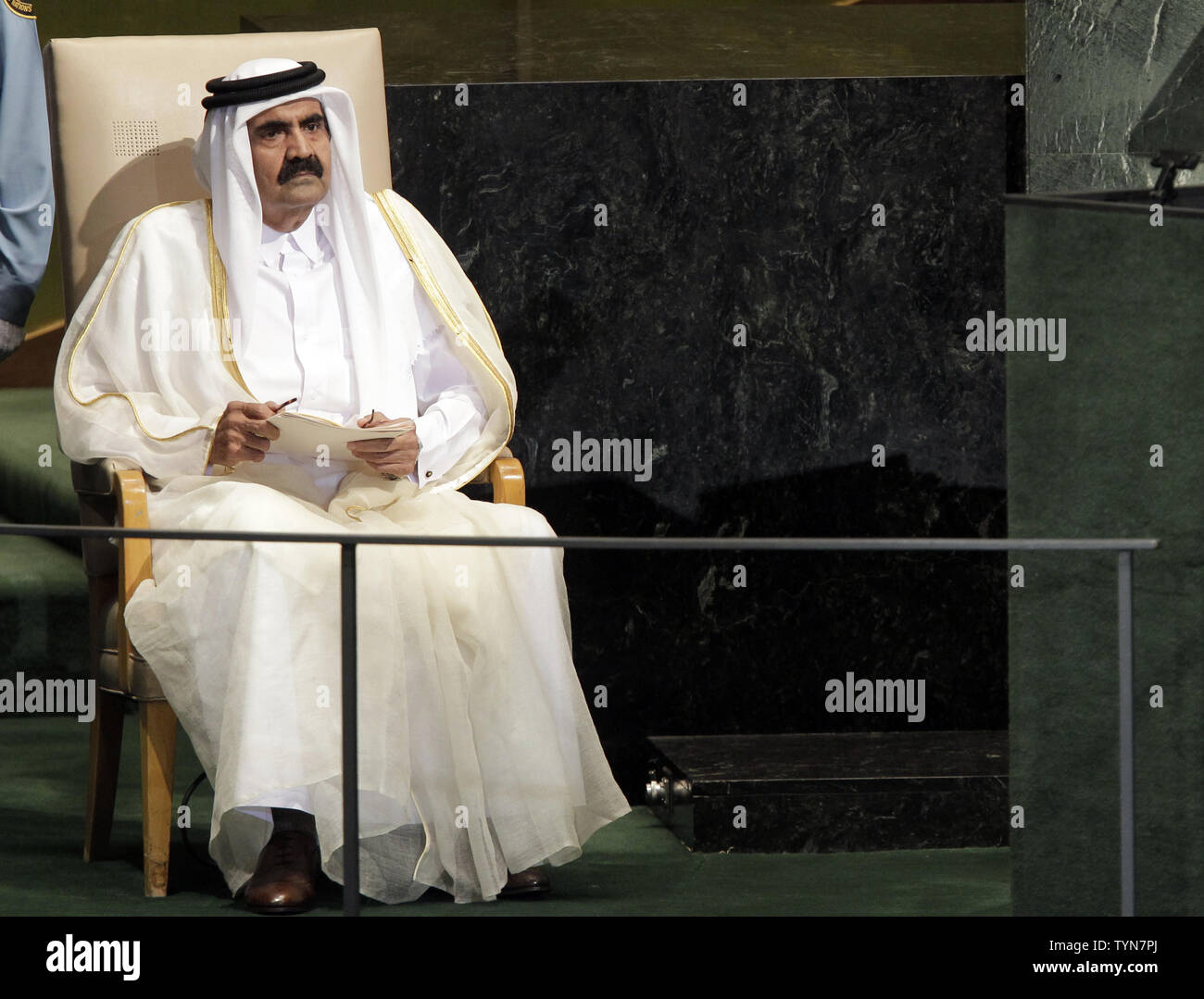 His Highness Sheikh Hamad bin Khalifa Al-Thani, Amir of the State of Qatar waits to address the ...