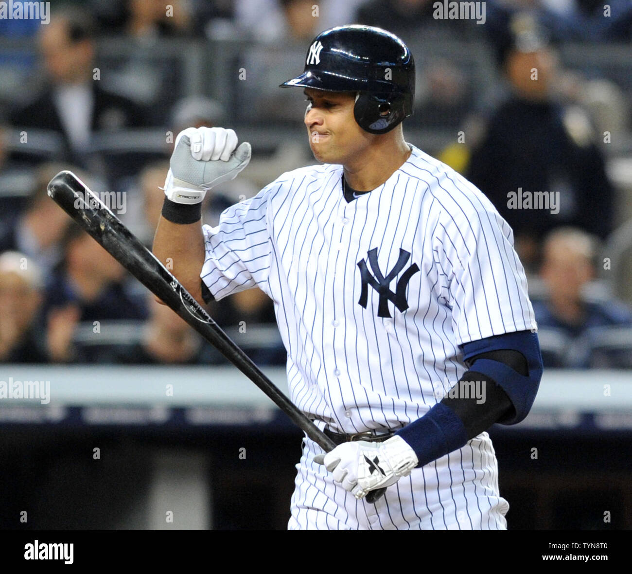 New York Yankees Alex Rodriguez reacts after striking out in the fourth ...