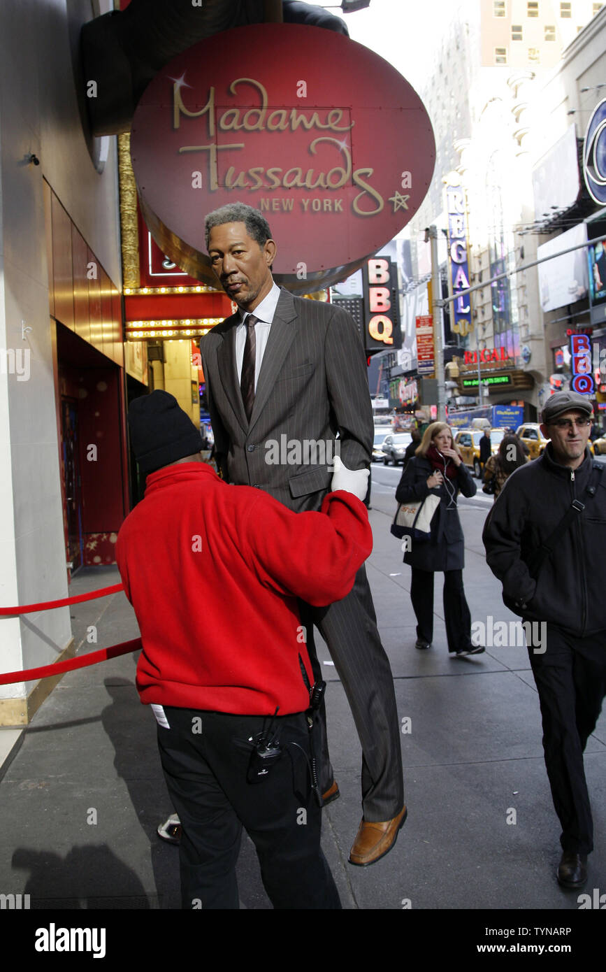 A wax figure of Morgan Freeman is put outside on 42nd Street for ... A wax figure of Morgan Freeman is put outside on 42nd Street for ...