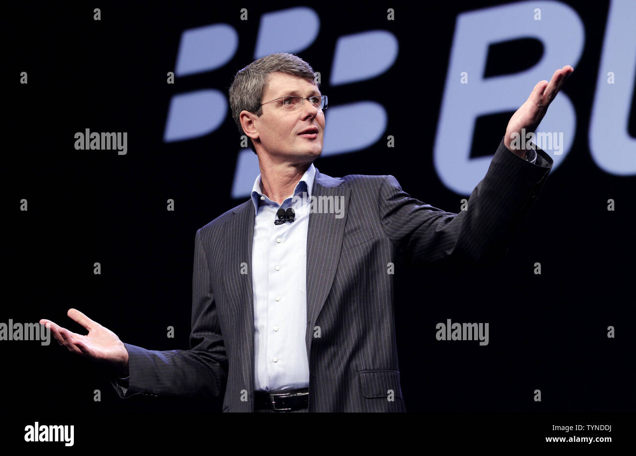 RIM CEO Thorsten Heins speaks on the stage at the launch event for the ...