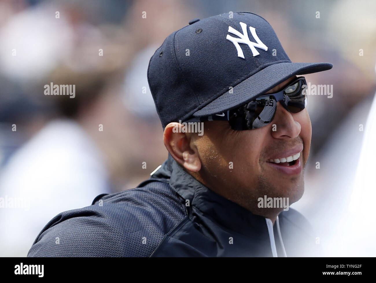 New York Yankees Alex Rodriguez smiles in the dug out in the second ...