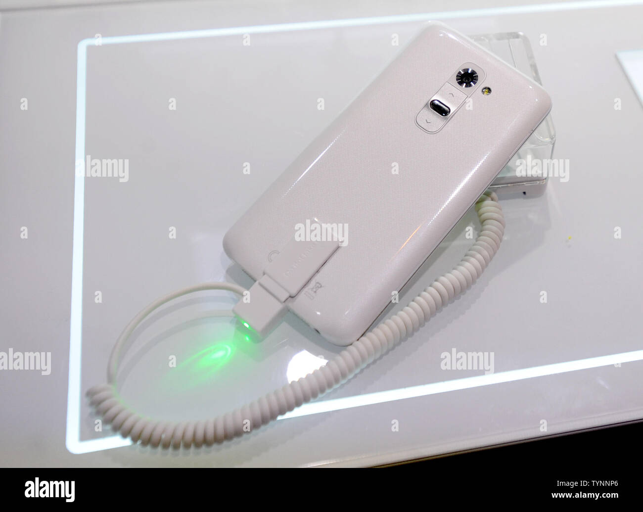 LG's new smart phone, the LG G2, is on display, during a global launch ...