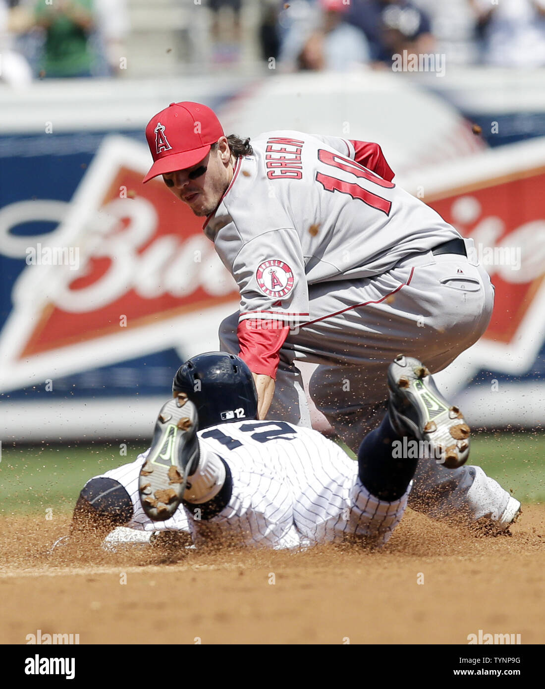 Los Angeles Angels Grant Green tags out New York Yankees Alfonso ...