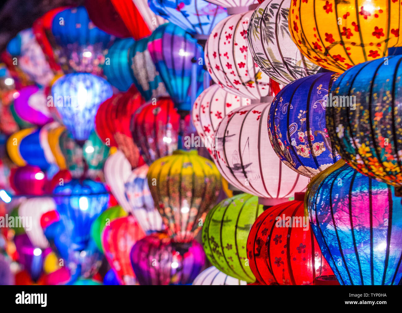 Paper lanterns lighted up on the streets of Hoi An ,Vietnam during the ...