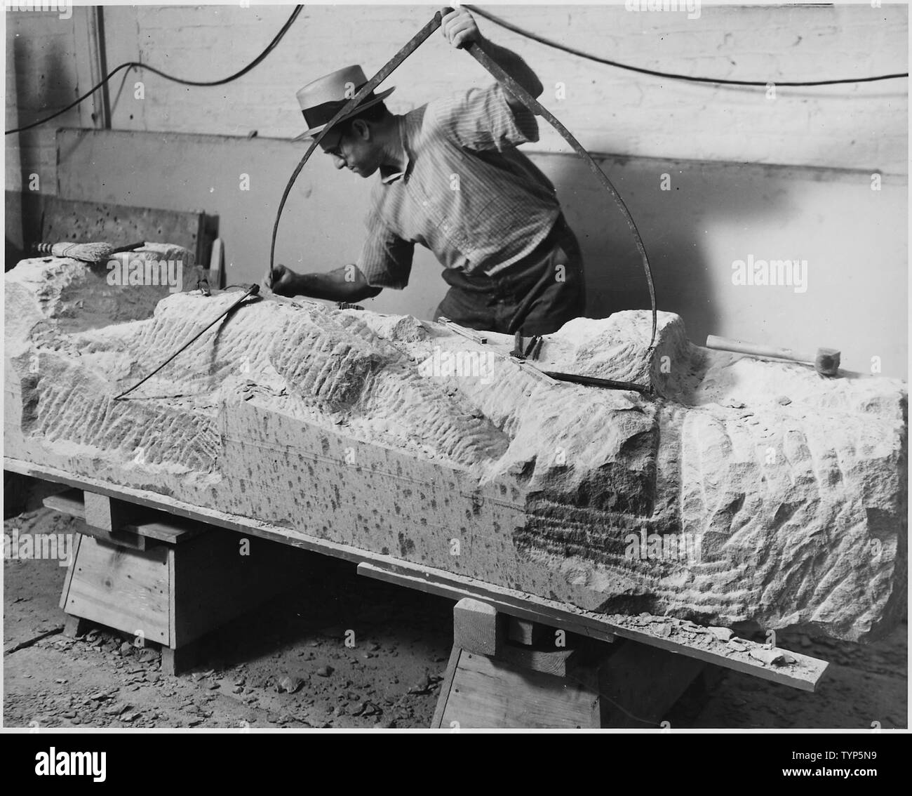 WPA Arts Project, stone carver at sculpture work shop in New York City ...