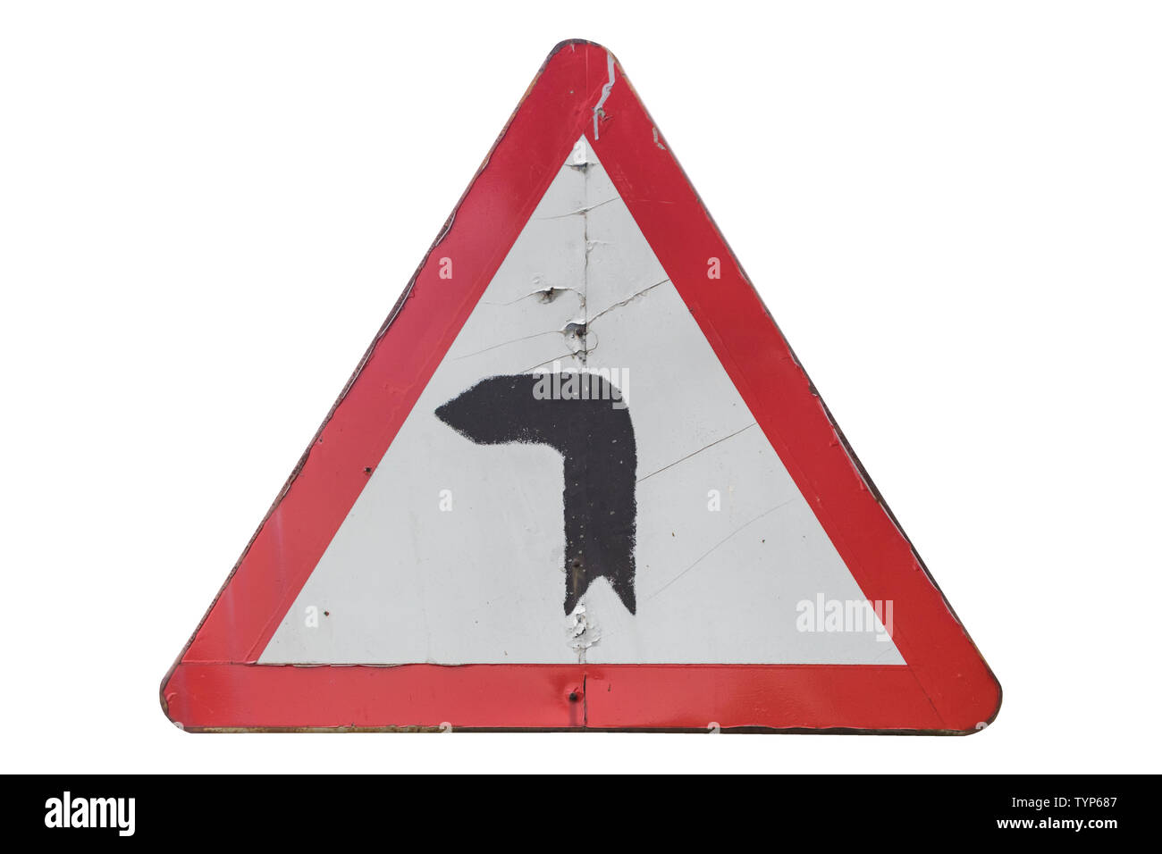 Old with cracks road sign 'Left Bend' isolated on white Stock Photo - Alamy