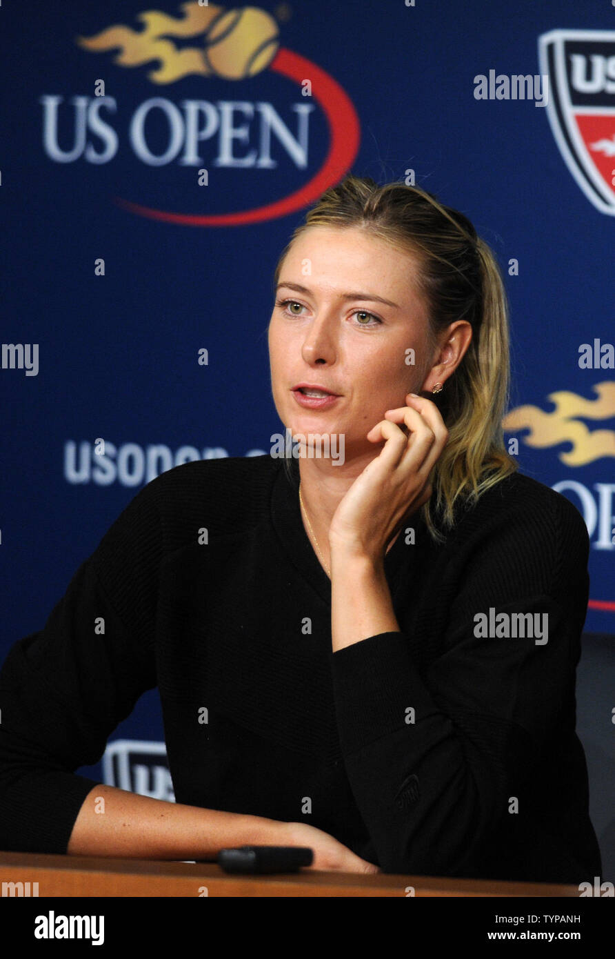 Maria Sharapova speaks at a US Open press conference in Arthur Ashe ...