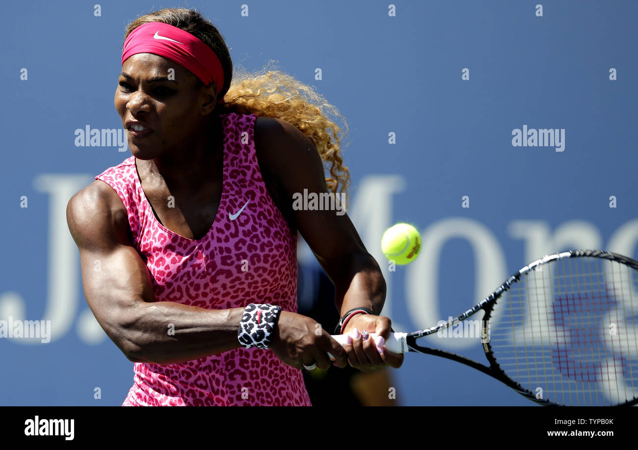 Serena Williams hits a backhand to Vania King in their second round ...
