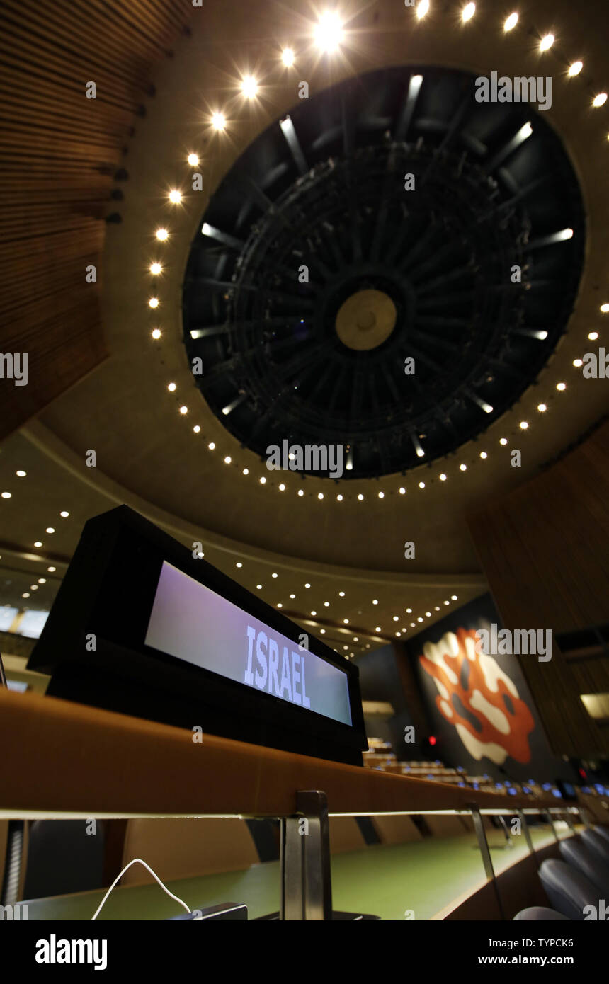 The Israel desk at the newly renovated General Assembly Hall is set for ...