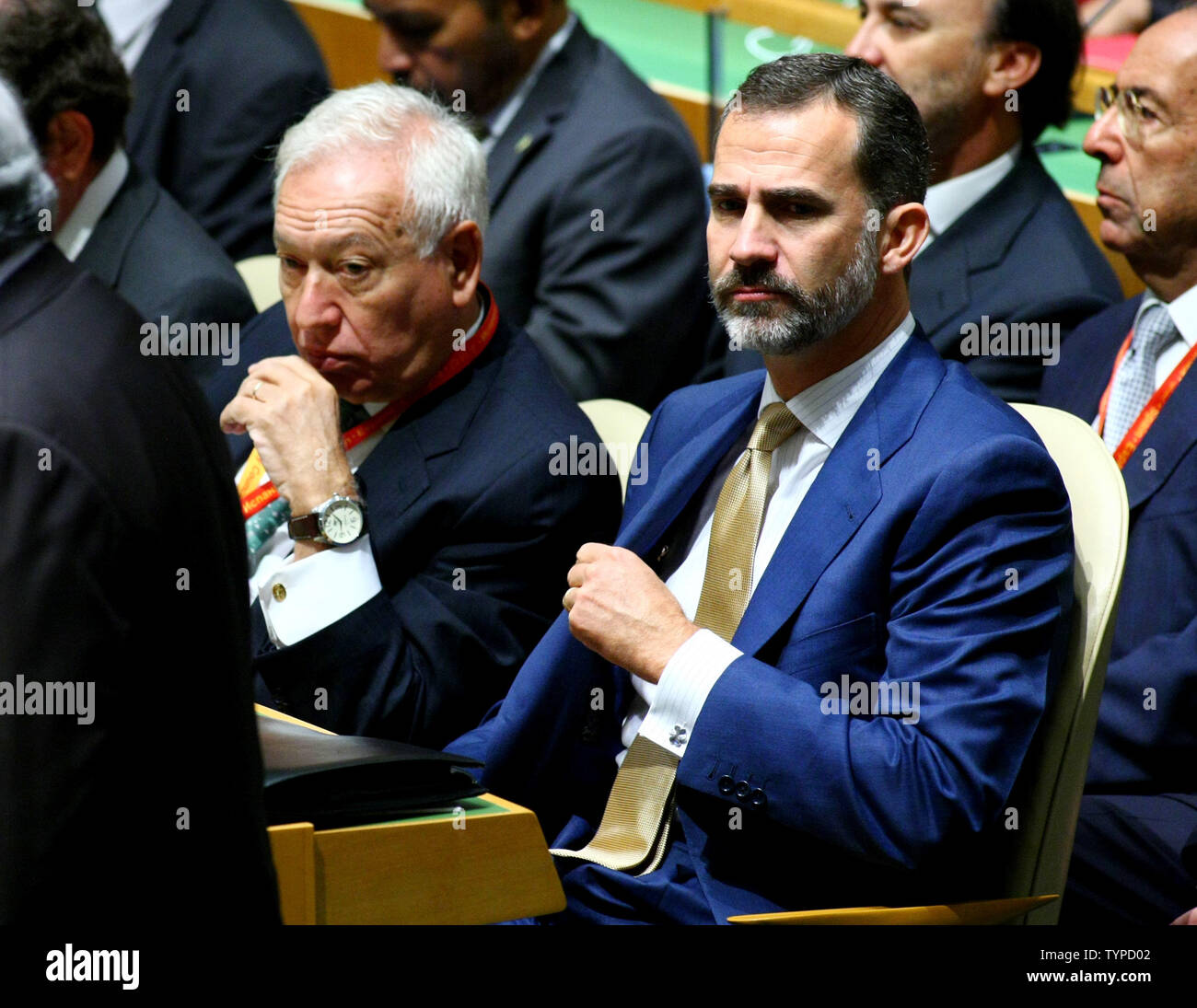 King Don Felipe VI of Spain listens to speakers during the 69th session ...