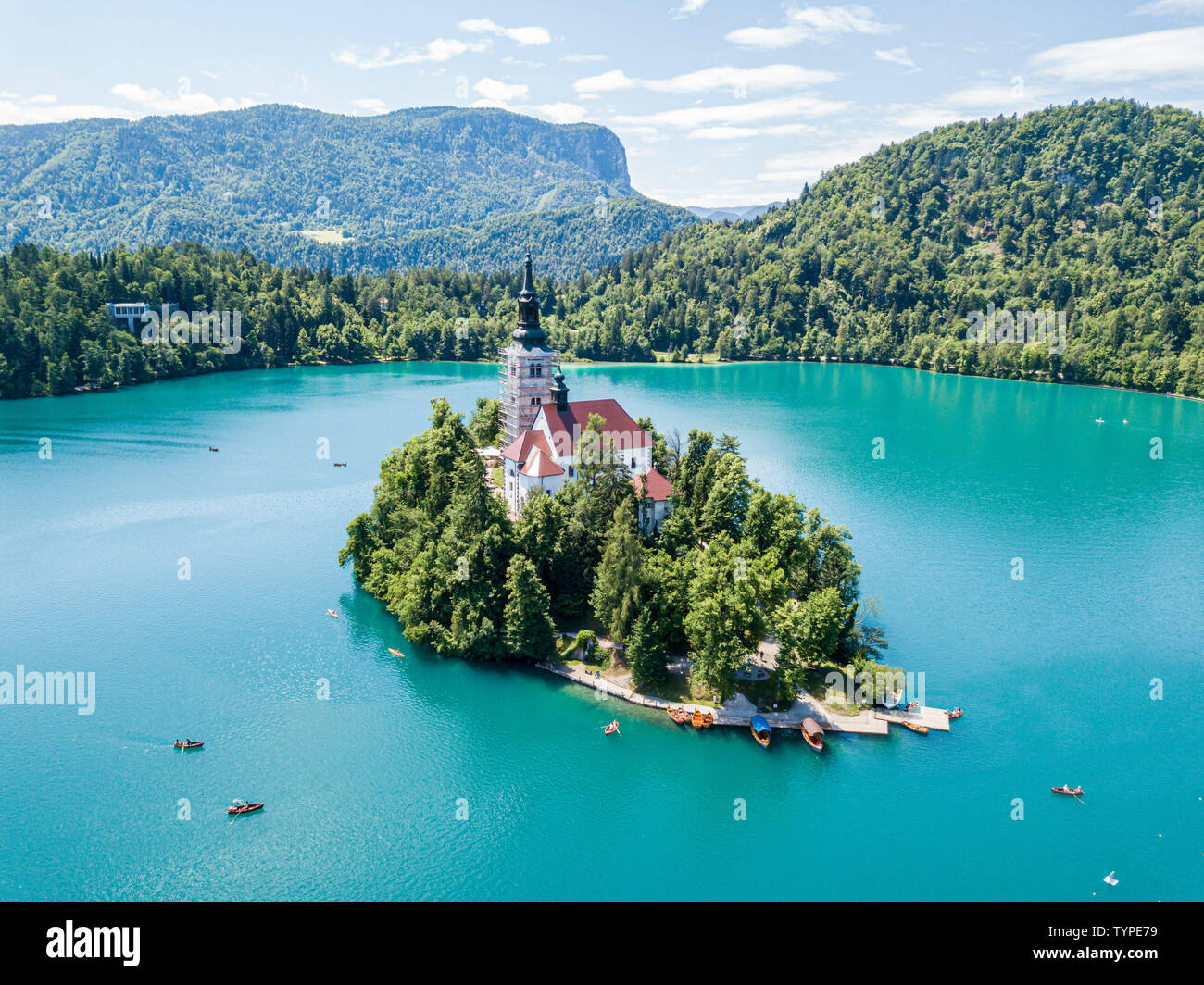 Aerial view of Bled Island or Blejski otok, Assumption of Mary church ...