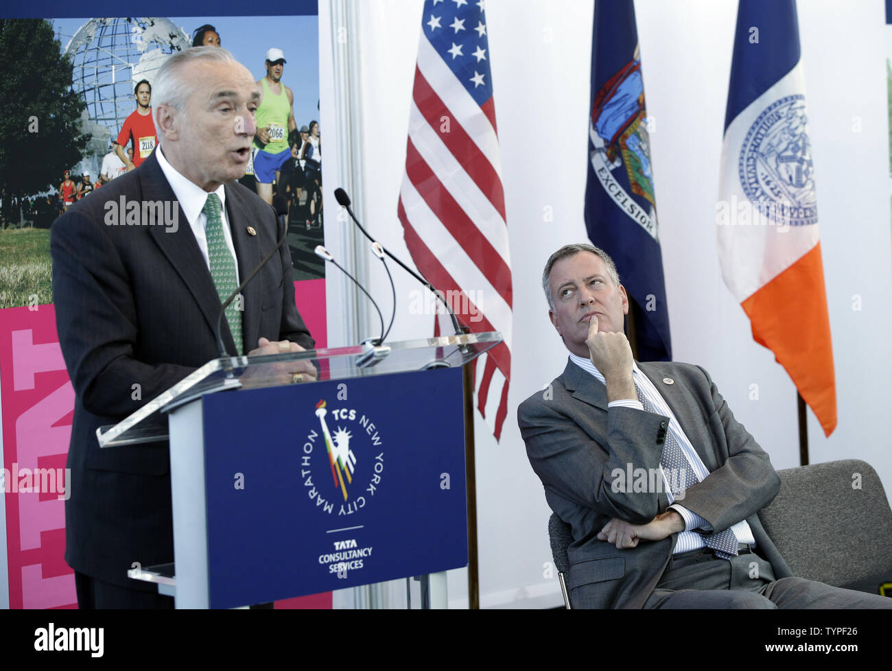 New York City Mayor Bill de Blasio listens to New York City Police ...