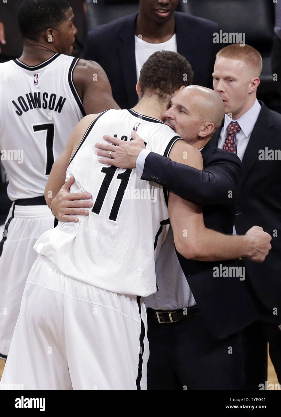 Milwaukee Bucks head coach Jason Kidd hugs Brooklyn Nets Brook Lopez at ...