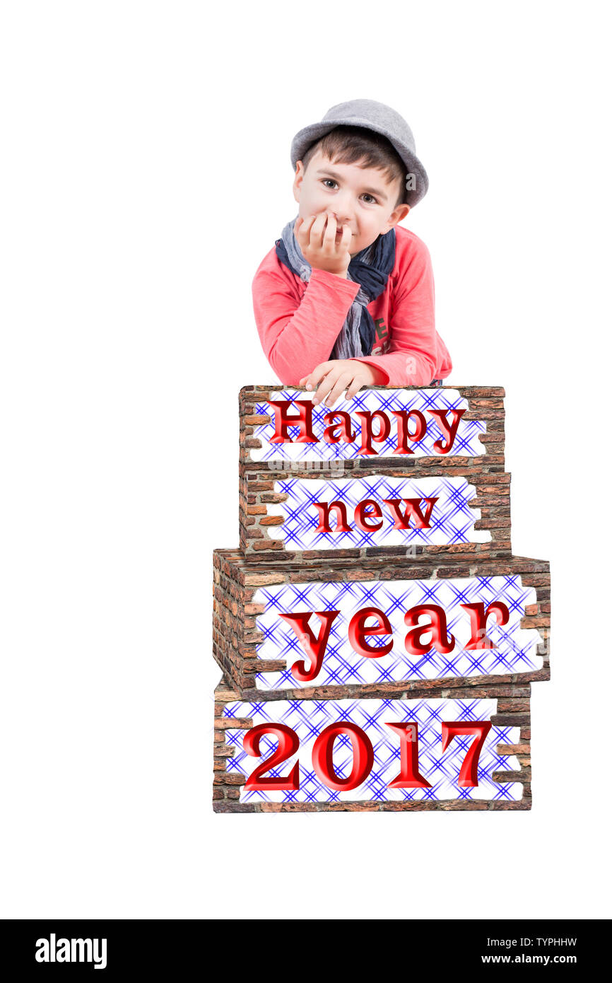 Boy with new year greetings Stock Photo - Alamy