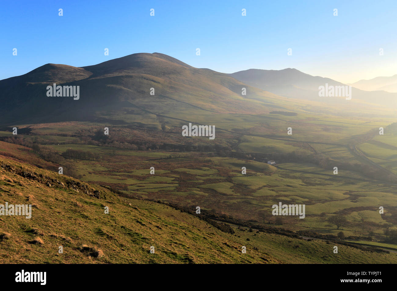 Misty view over the Ulldale fells, Lake District National Park, Cumbria ...