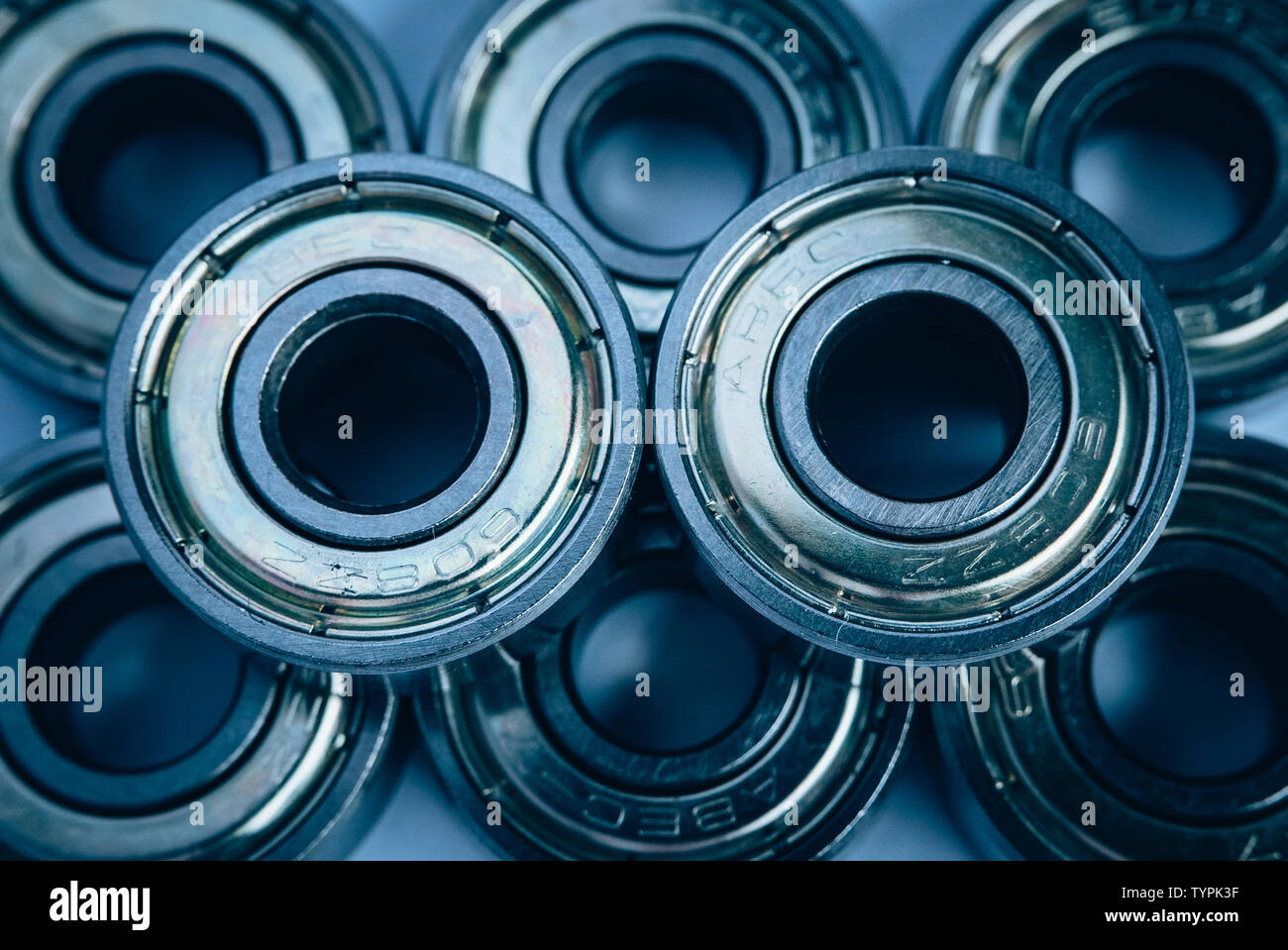 Bearings close-up, mechanical background with dark blue filter Stock ...