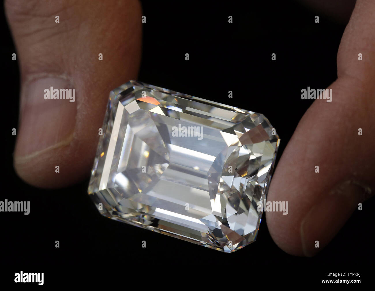A 100-carat perfect diamond in a classic Emerald-cut is on display at ...