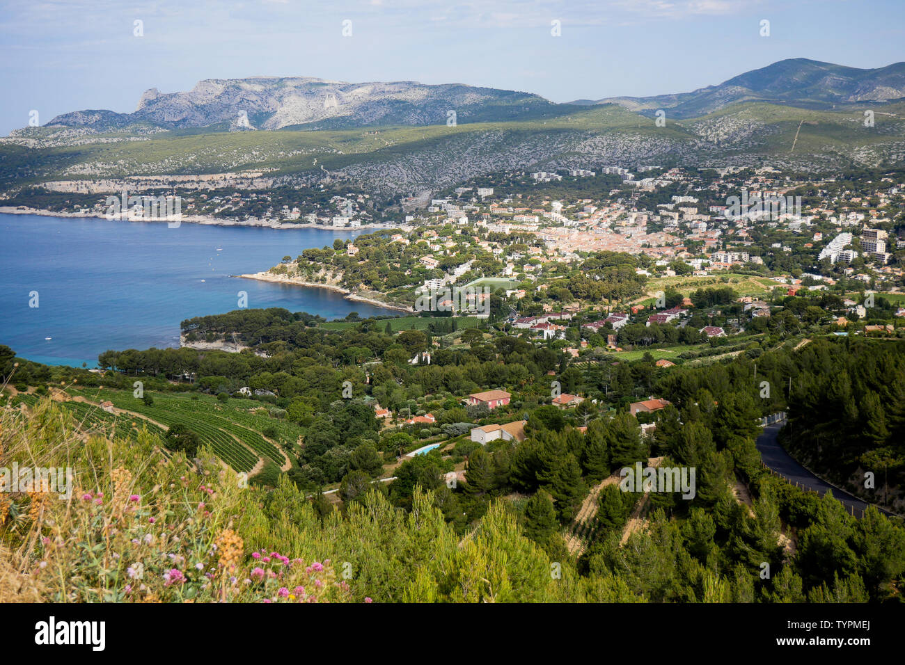 Panorama with Cassis city and Cassis vineyard, seen from the Cape ...