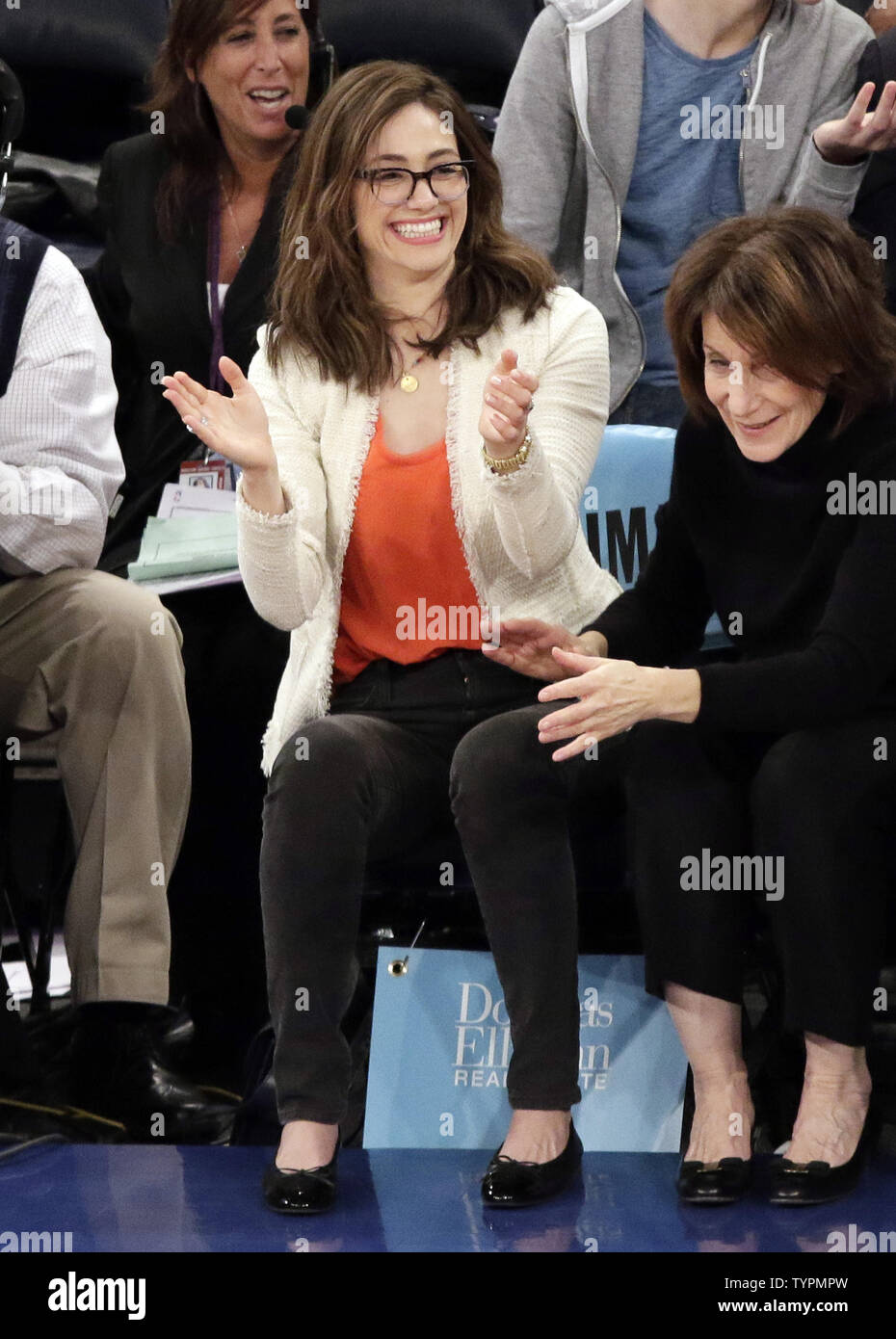 Emmy Rossum watches the New York Knicks play the San Antonio Spurs at ...