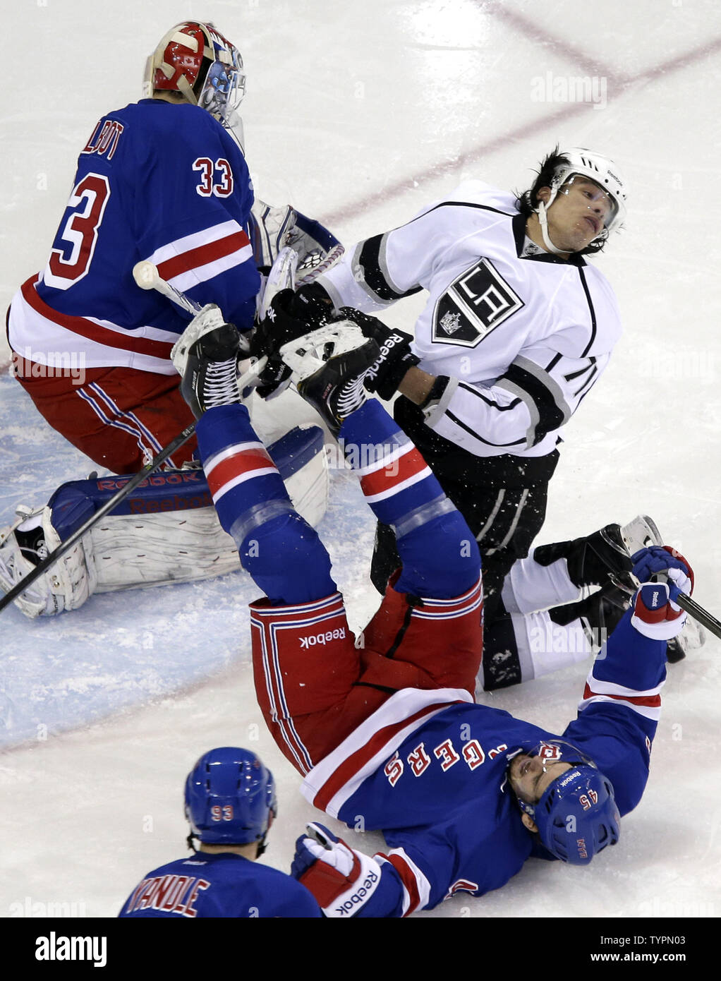 New York Rangers James Sheppard collides with Los Angeles Kings Jordan ...