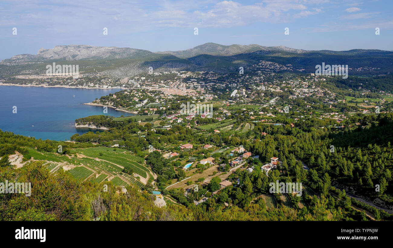 Panorama with Cassis city and Cassis vineyard, seen from the Cape ...