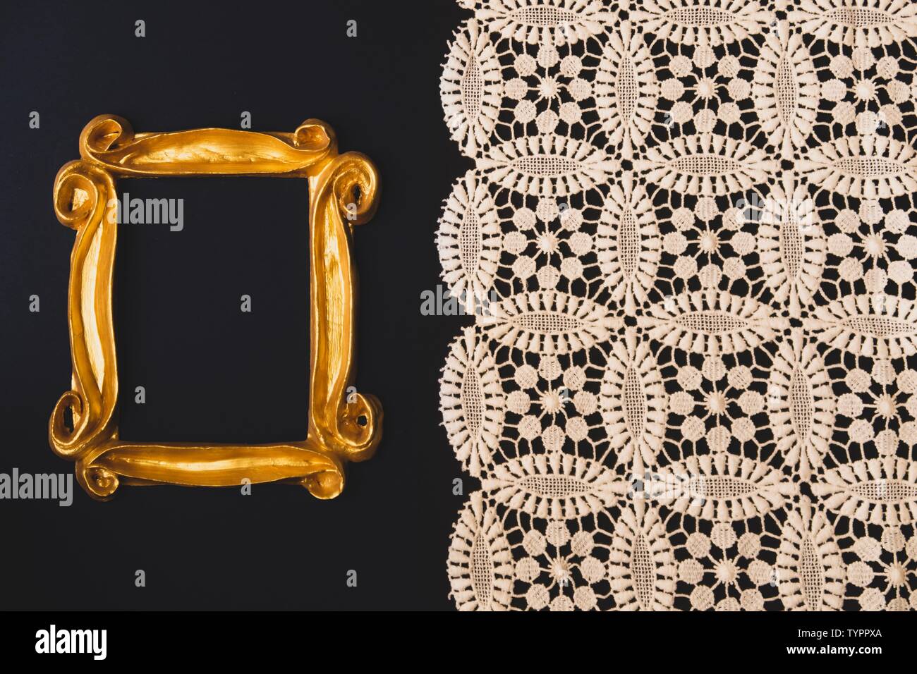 Flat lay with black background with coffee mug and donut Stock Photo ...