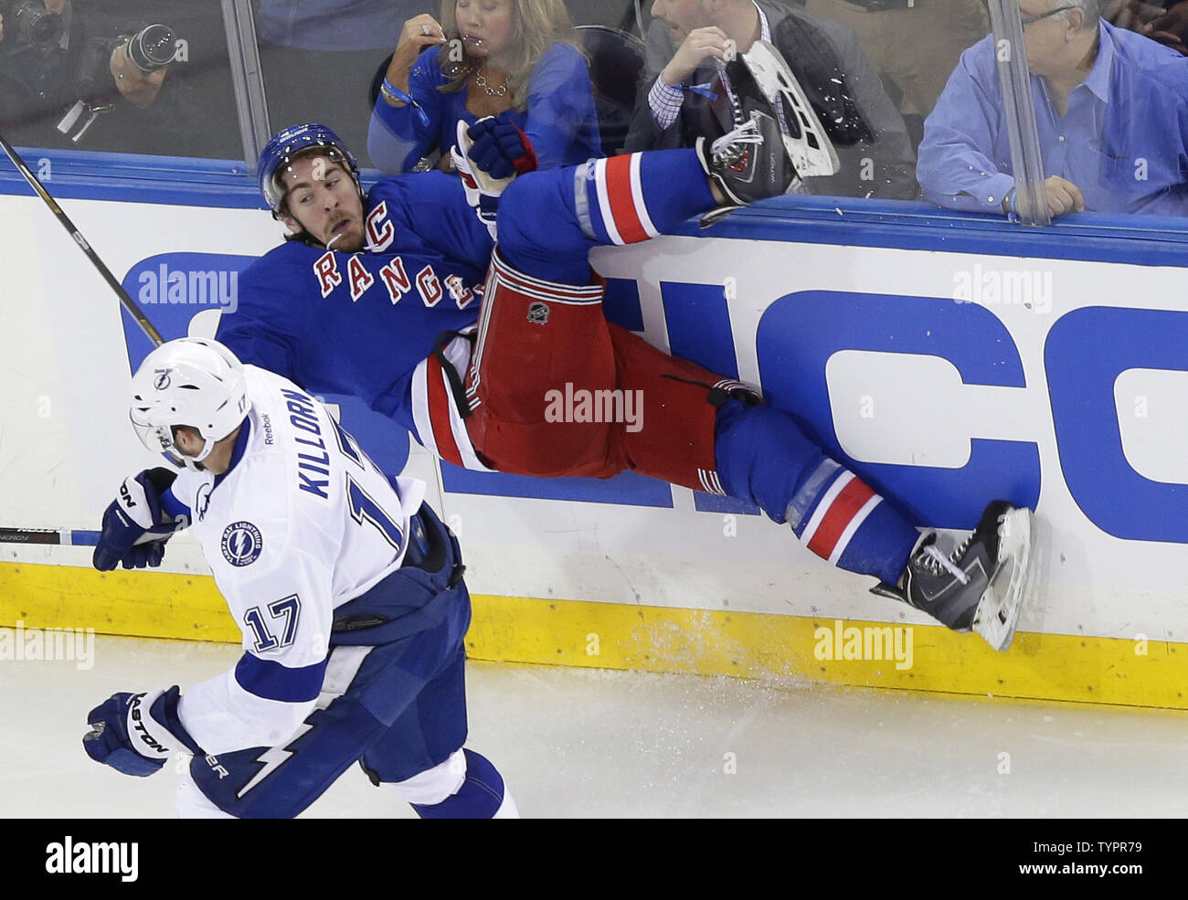 New York Rangers Ryan McDonagh gets airborne after colliding with Tampa ...