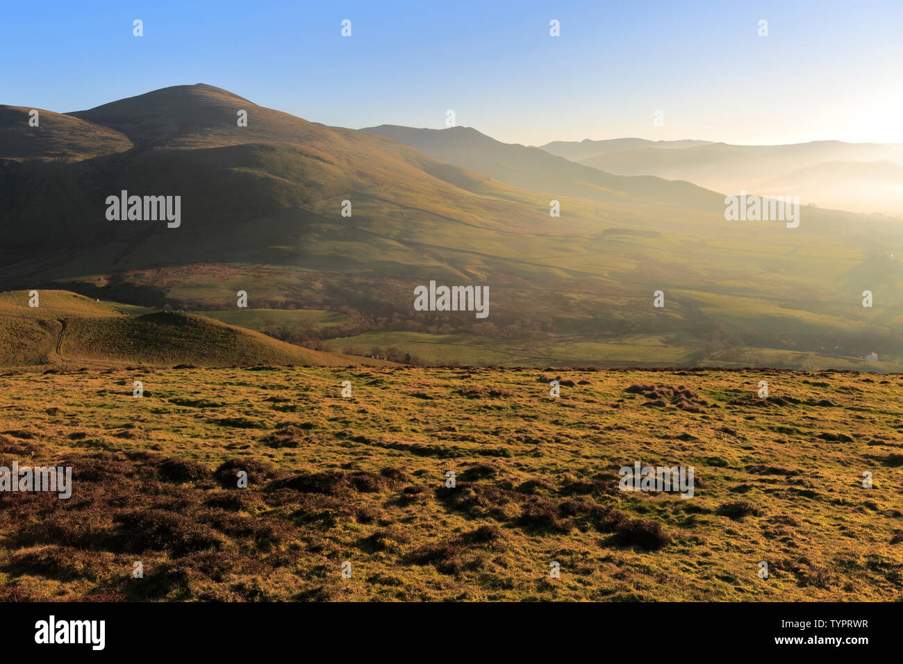 Misty view over the Ulldale fells, Lake District National Park, Cumbria ...